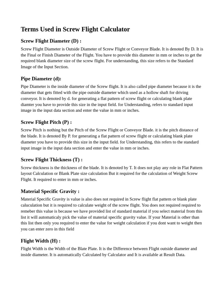 Screw Flight Calculator Guide | PDF | Screw | Metal Fabrication