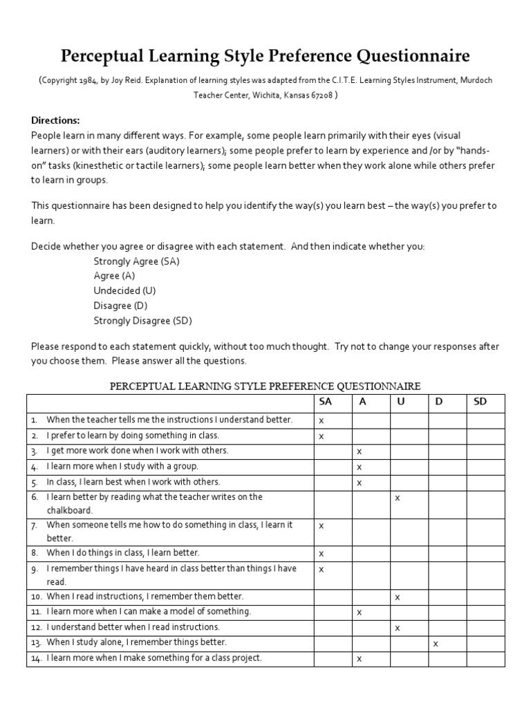 Annex 2 - Perceptual Learning Style Preference Questionnaire | PDF | Learning Styles | Learning
