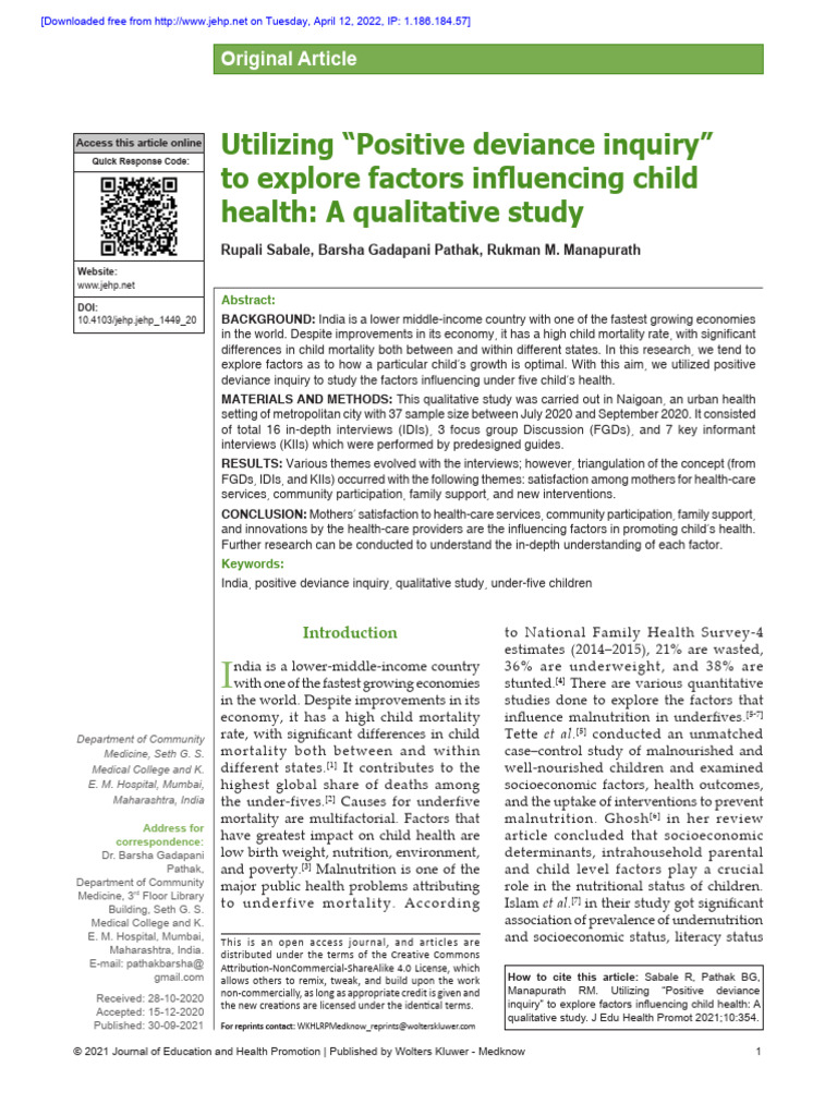 Positive Deviance Inquiry | PDF | Malnutrition | Health Sciences