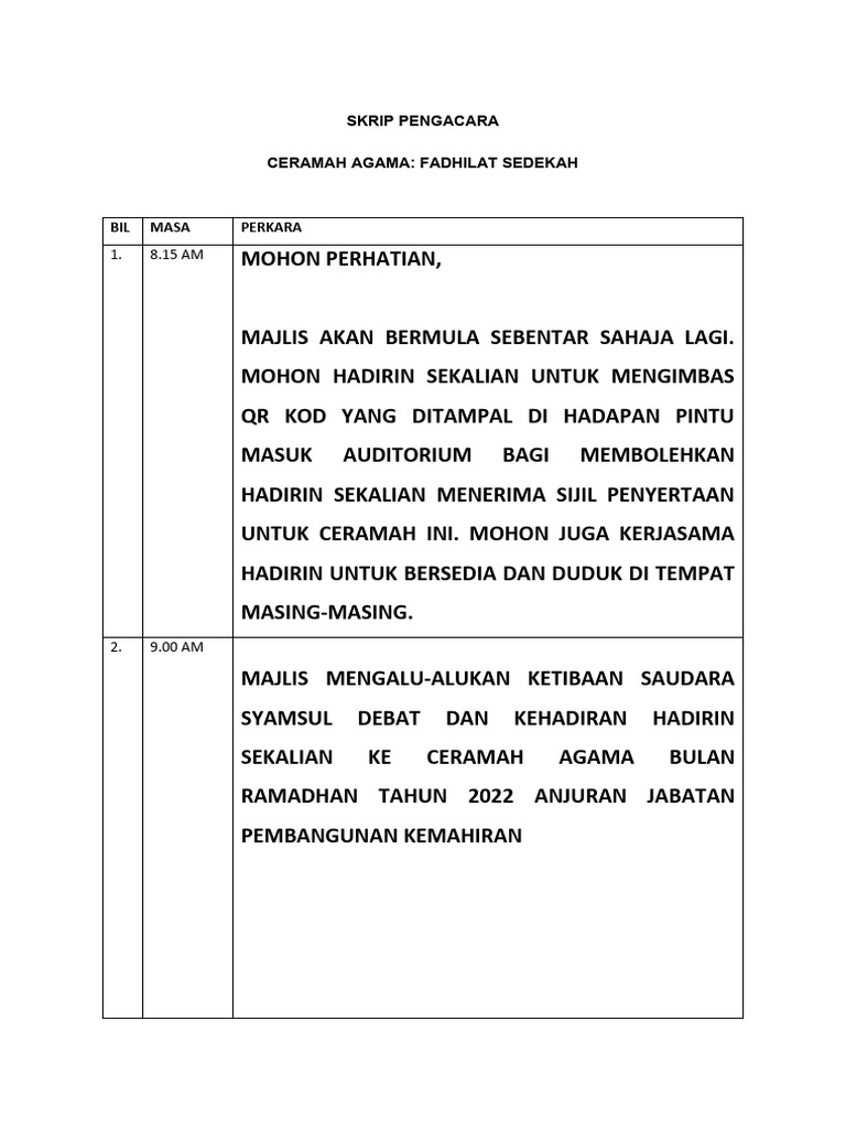 Skrip Emcee Fadhilat Sedekah | PDF