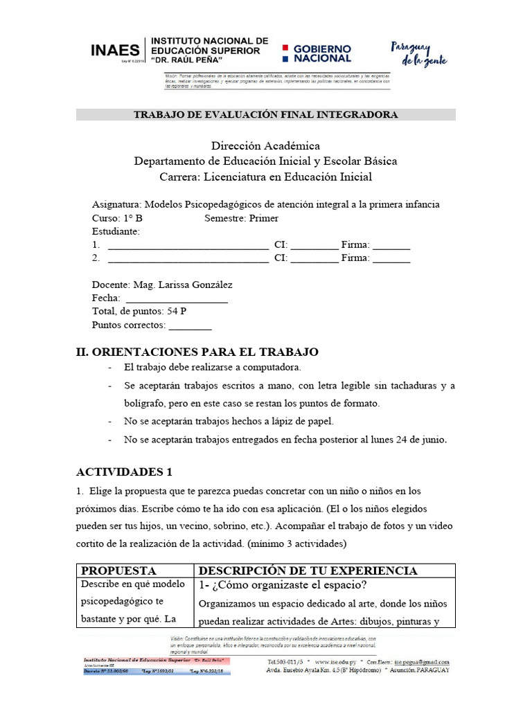 Evaluación Integradora Modelo Psicopedagogico | PDF