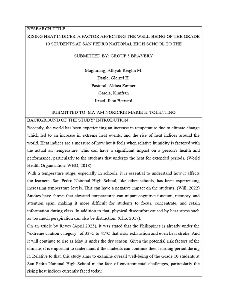 Rising Heat Indices A Factor Affecting The Well Being of The Grade 10 Students at San Pedro ...