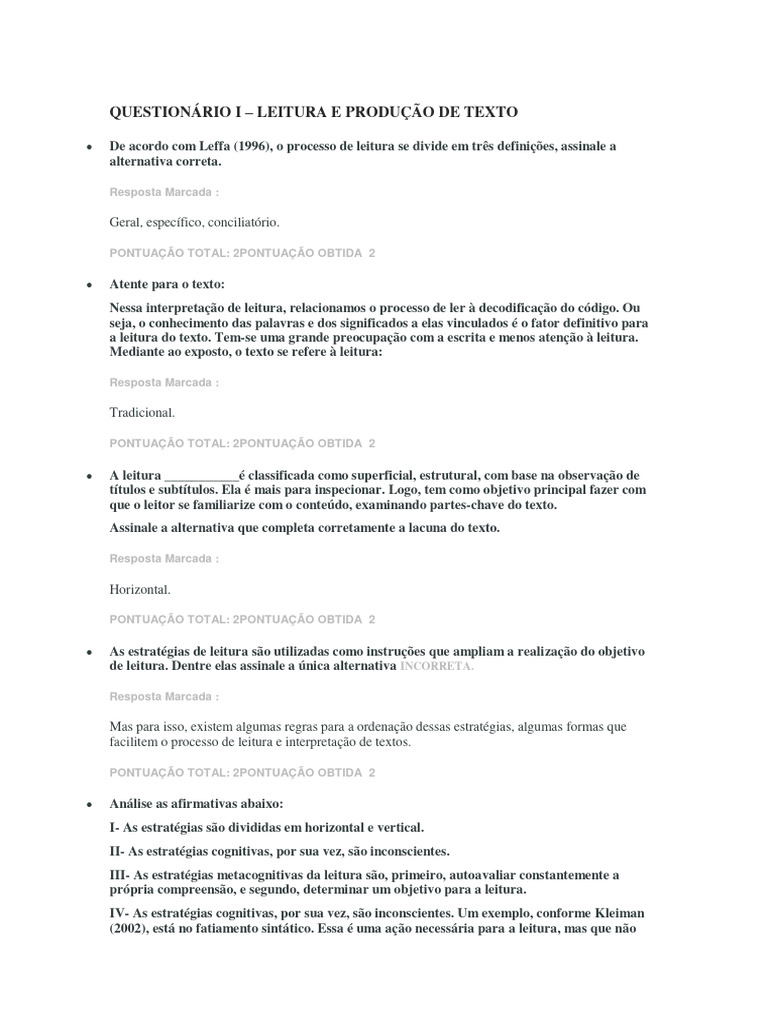 Questionário I - Leitura e Produção de Texto | PDF | Linguística ...