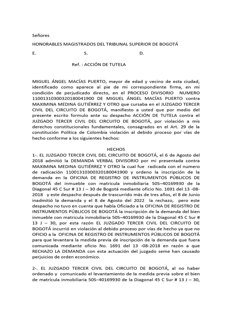 Accion de Tutela Contra El Juzgado 3 Del Cicuito | PDF | Debido al ...