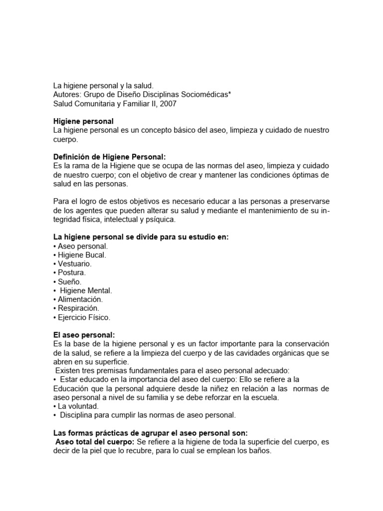 La Higiene Personal y La Salud | PDF | Higiene oral | Higiene