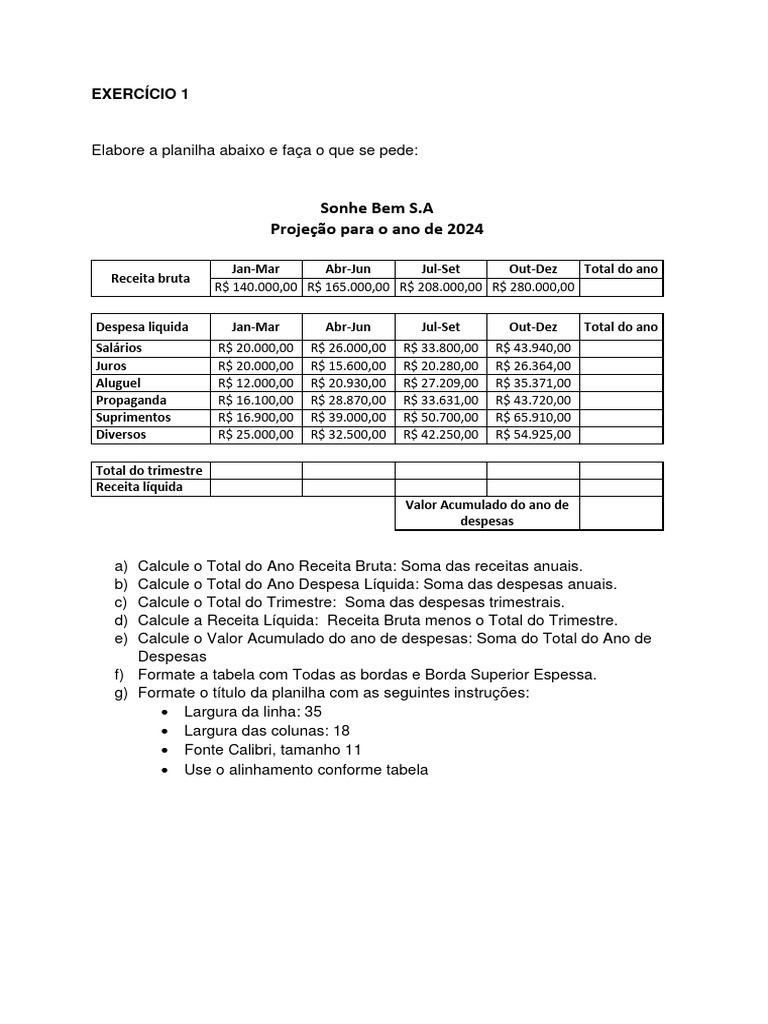 Exercícios Excel | PDF