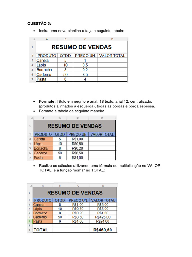 Exercícios de Excel 3 | PDF