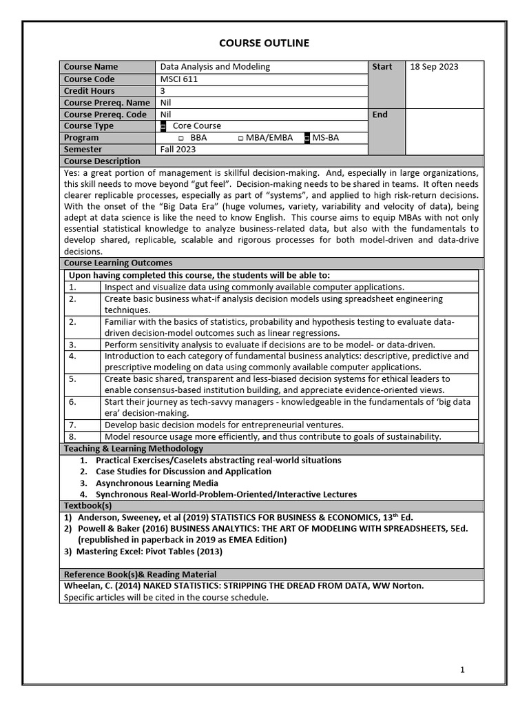 QUNT 631 - MSBA Section - Data Analysis and Modeling Fall-22 OUTLINE ...