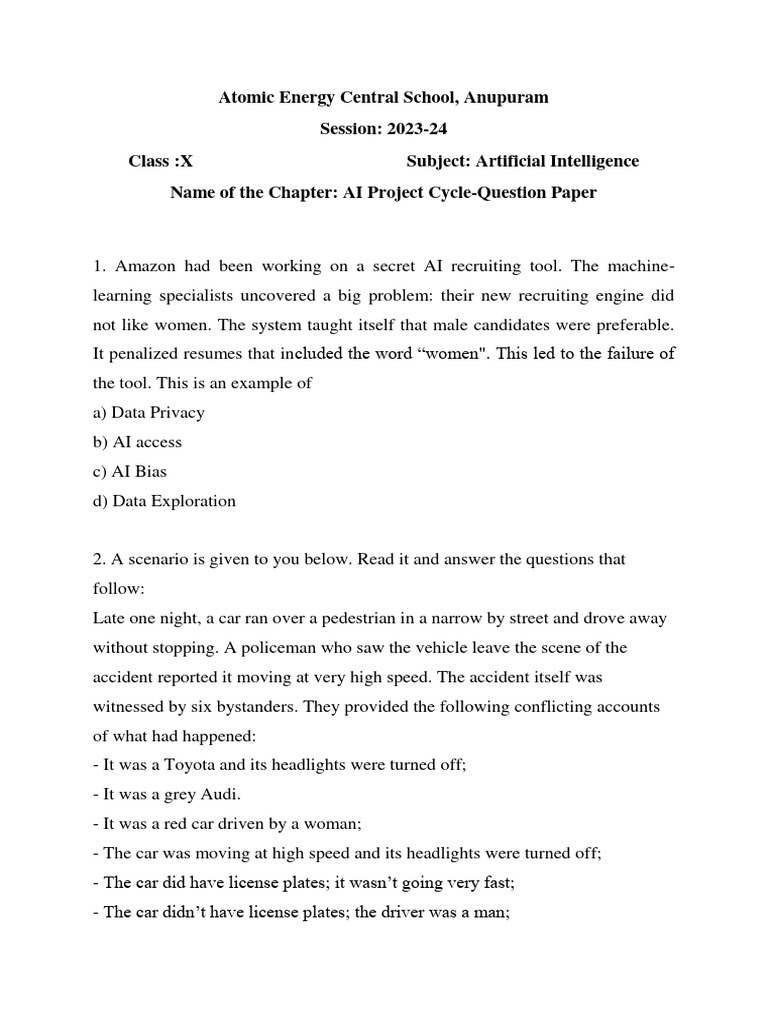 Class X A I - CH2-AI Project Cycle QP Anu | PDF | Artificial Intelligence | Intelligence (AI ...