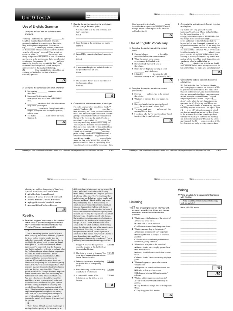 Gateway B2 Test 9A | PDF | English Language