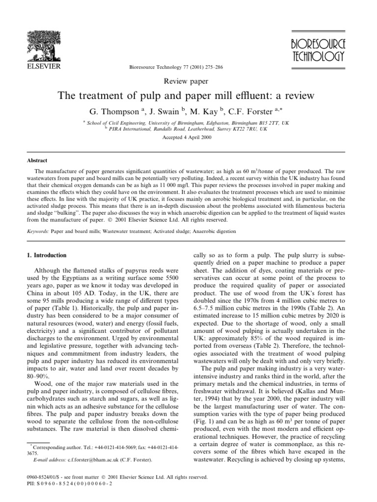 The Treatment of Pulp and Paper Mill e Fluent | PDF