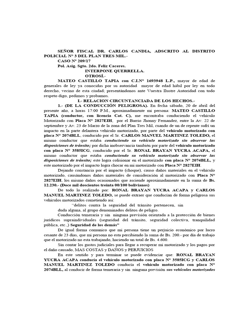 QUERELLA ACCIDENTE TRANSITO (2) | PDF | Queja | Derecho penal