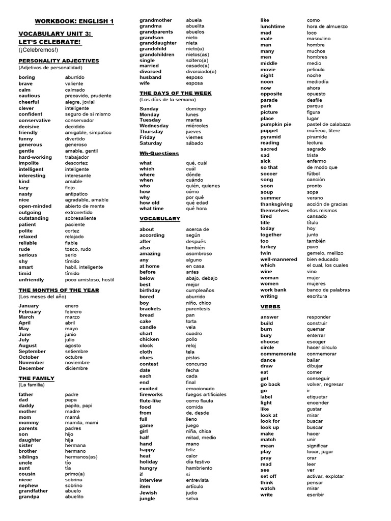 Vocabulary Workbook 1 Unit 3 | PDF