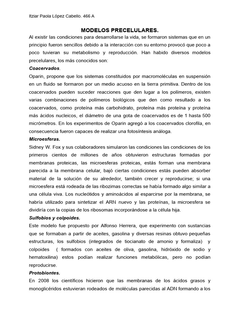 Modelos Precelulares y Su Evolución | PDF