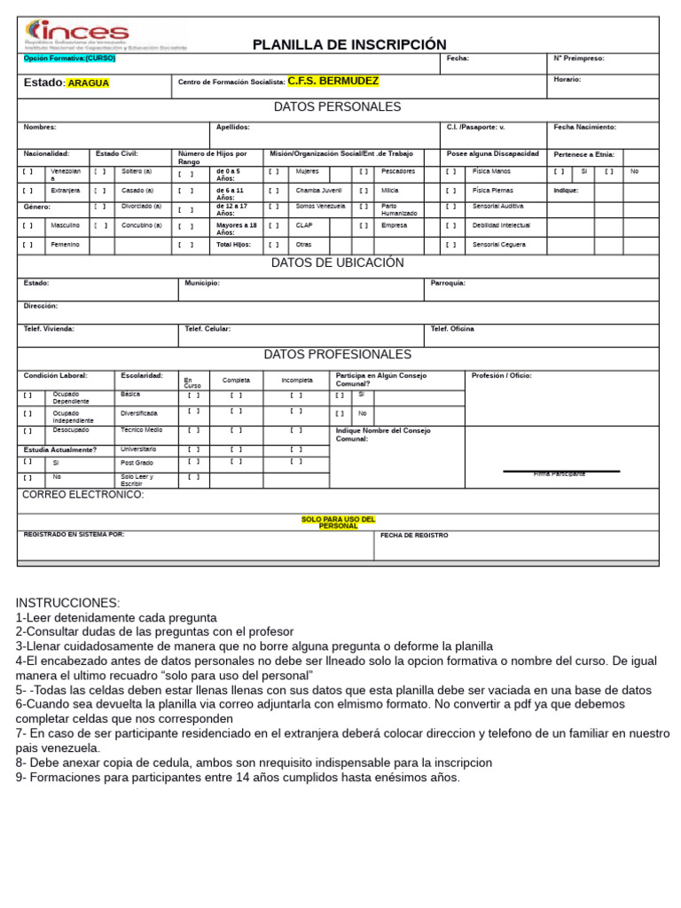 PLANILLA DE INSCRIPCION INCES Agosto 2020 - 1 | PDF