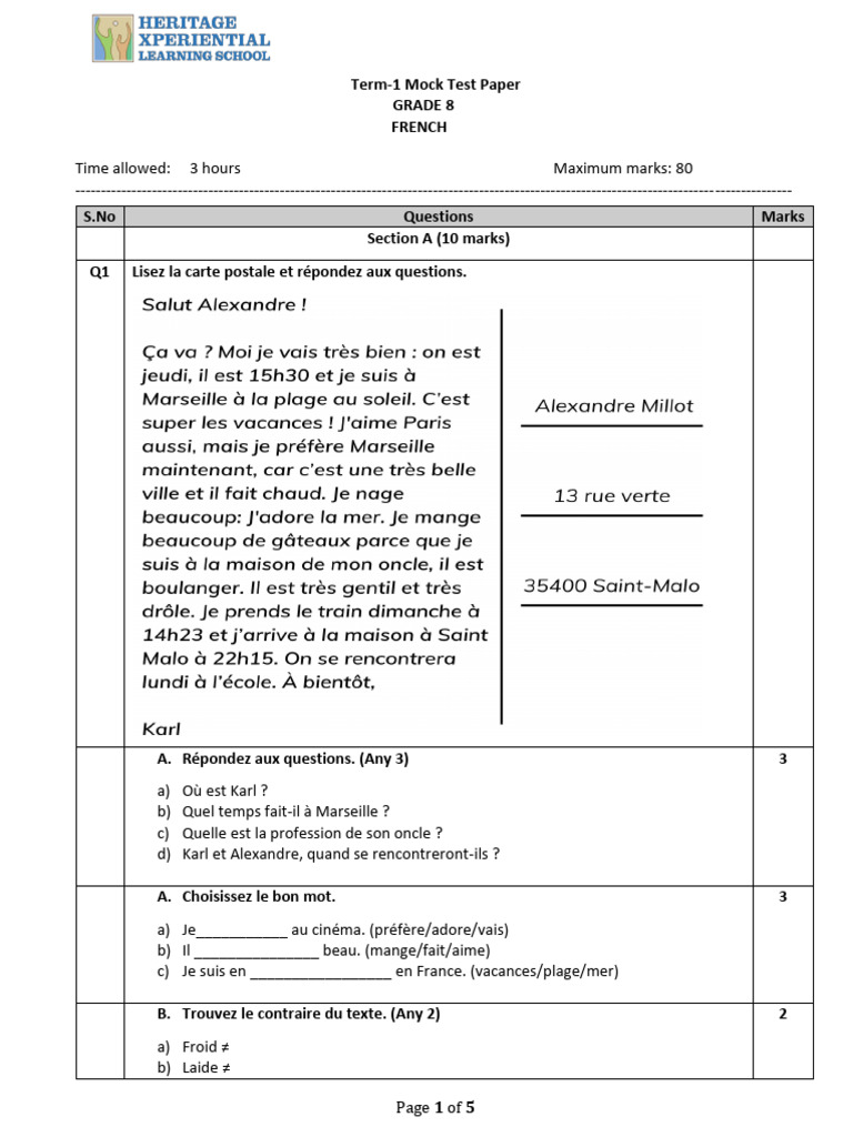 Grade 8 French Mock | PDF