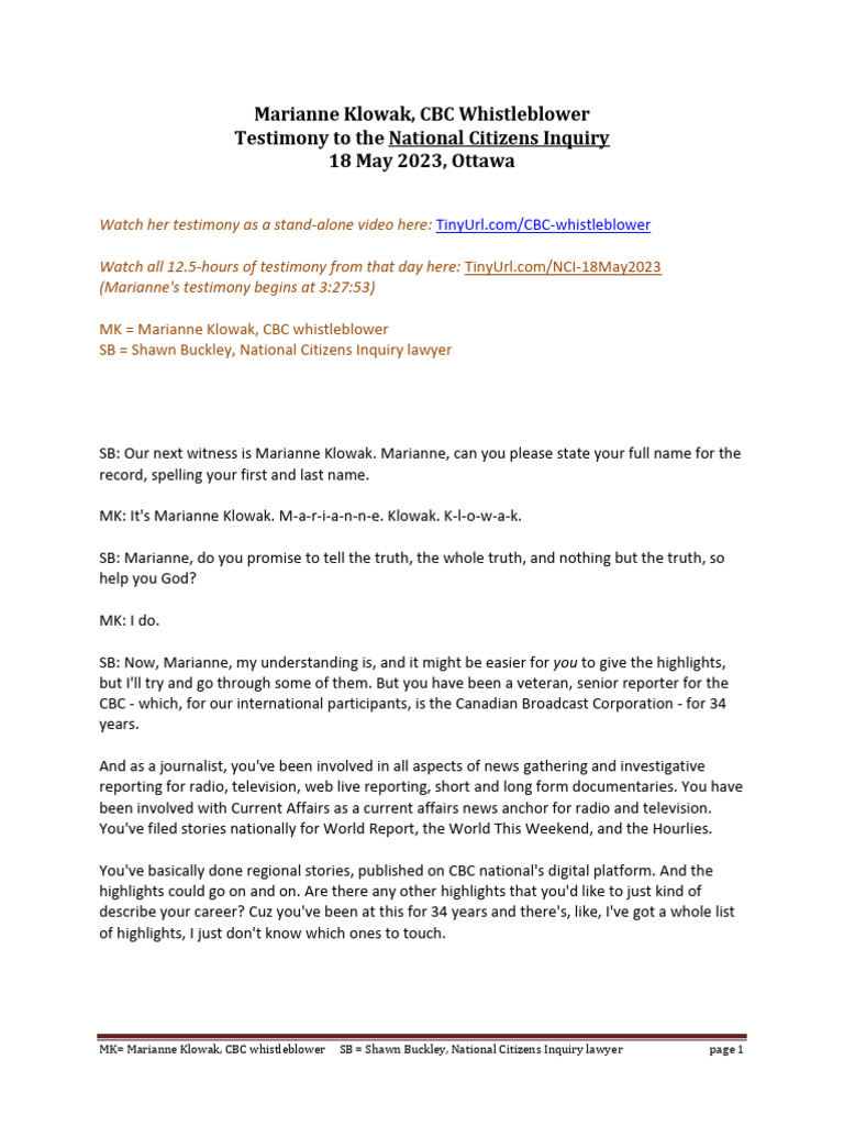 Transcript of Marianne Klowak Testimony - CBC Whistleblower - 18may2023 ...