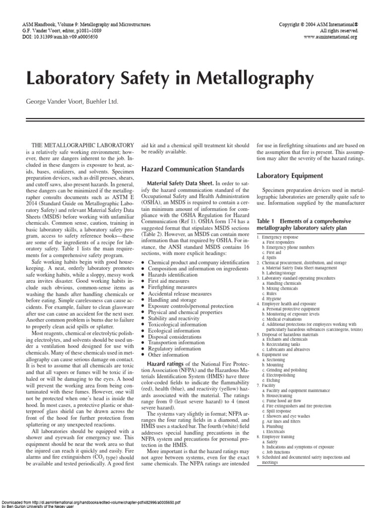 01-02 Laboratory Safety in Metallography | PDF | Nitric Acid | Ethanol