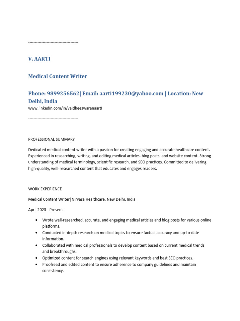 AARTI Medical Content Writer | PDF