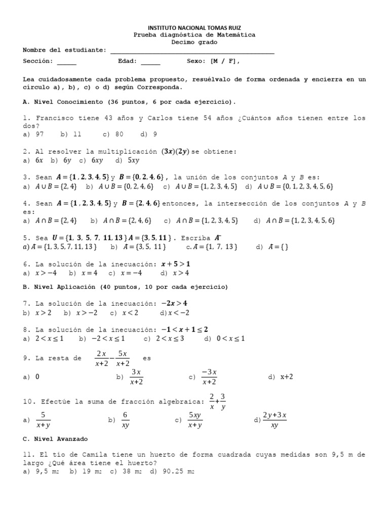 Prueba de Matematica Undecimo Grado | PDF