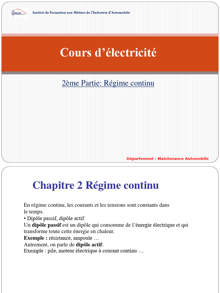 Cours sur le régime continu en électricité | PDF | Résistance ...