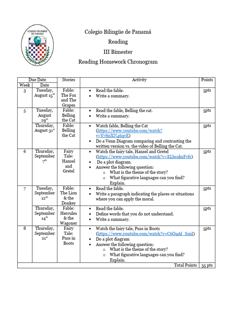 Bilingual Reading Homework Schedule | PDF