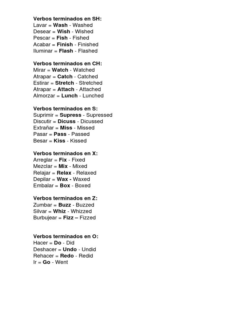Verbos Terminados En-Sh, CH, X, S, O, Z | PDF
