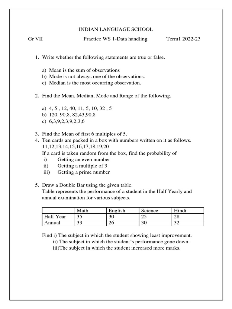 Grade 7 Data Handling Practice Worksheet | PDF
