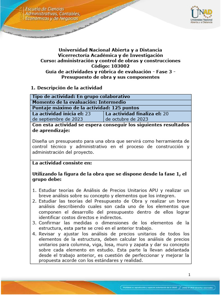 Guía de Actividades y Rúbrica de Evaluación - Unidad 2 - Fase 3 - Presupuesto de Obra y Sus ...