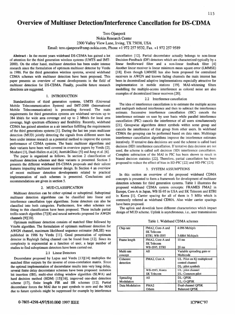 Overview Of Multiuser Detection Interference Cancellation For Ds Cdma Pdf