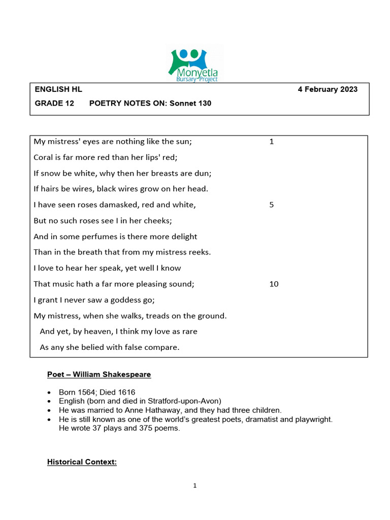 Sonnet 130 Final | PDF | Poetry | British Poetry