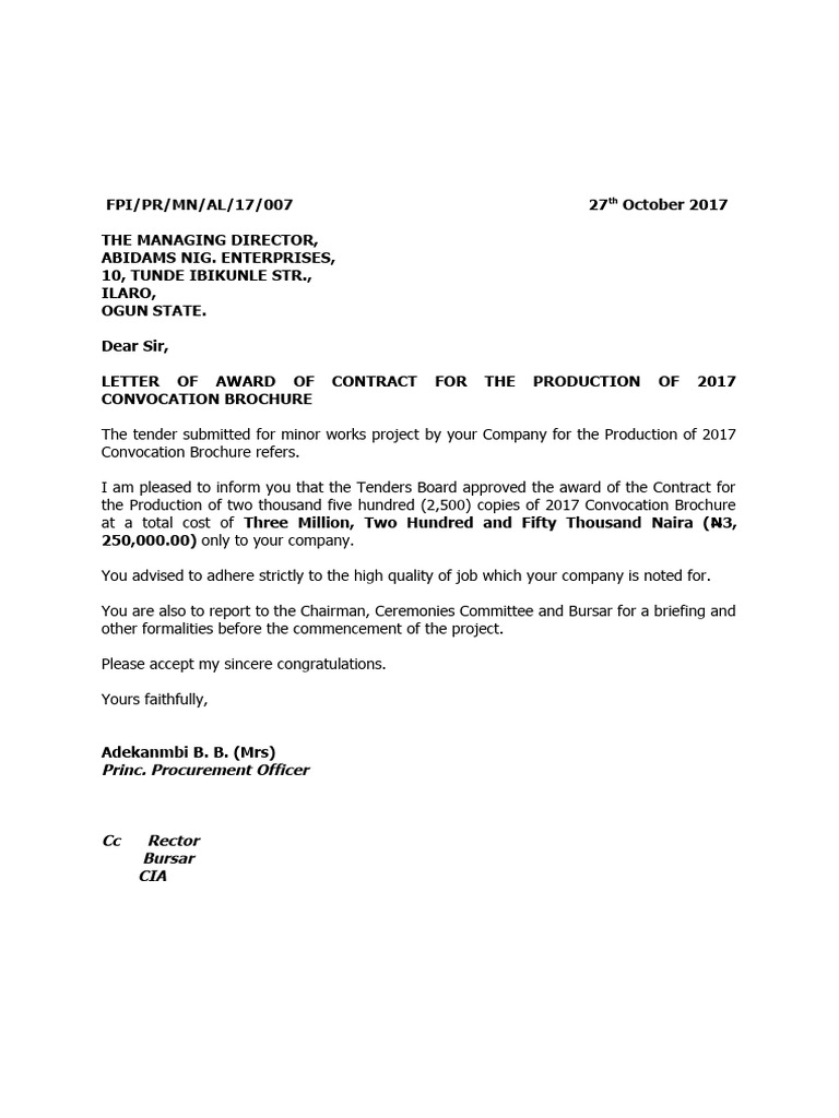 Award Letters for Various Contracts | PDF | Procurement | Business