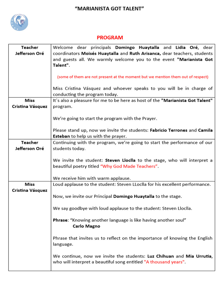 Marianista Got Talent Program 2 | PDF
