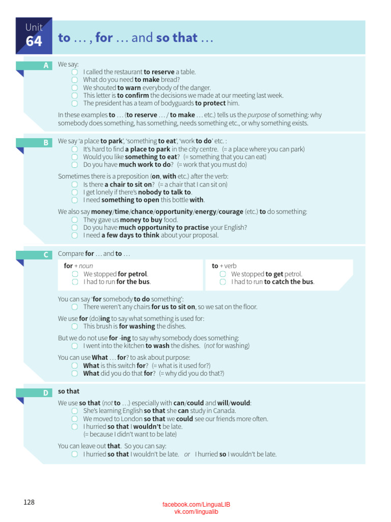 Unit 64 - To, For and So That - English Grammar in Use, Fifth Edition ...