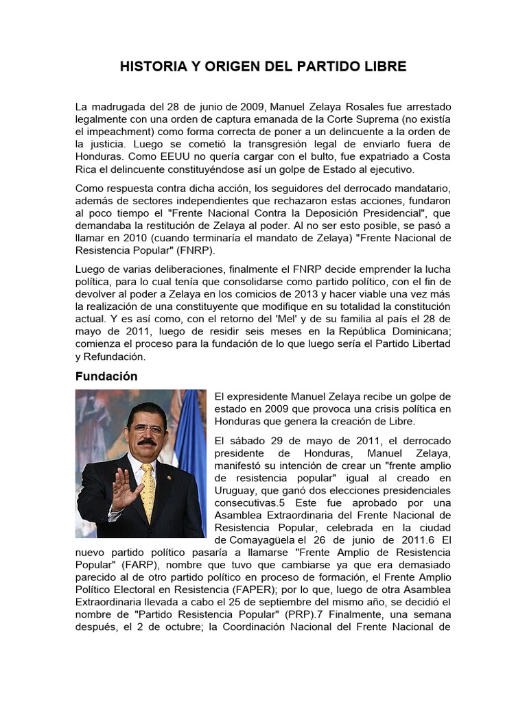 Historia del Partido Libre en Honduras | PDF | Gobierno | Eventos políticos