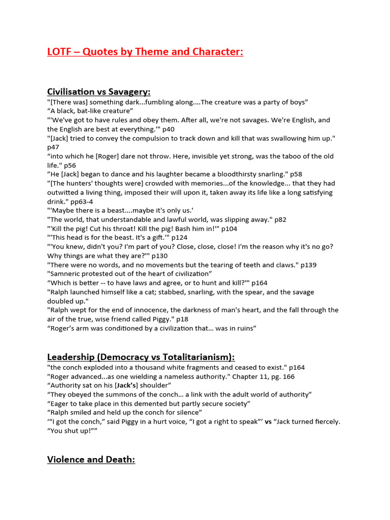 LOTF Quotes by Theme and Character | PDF
