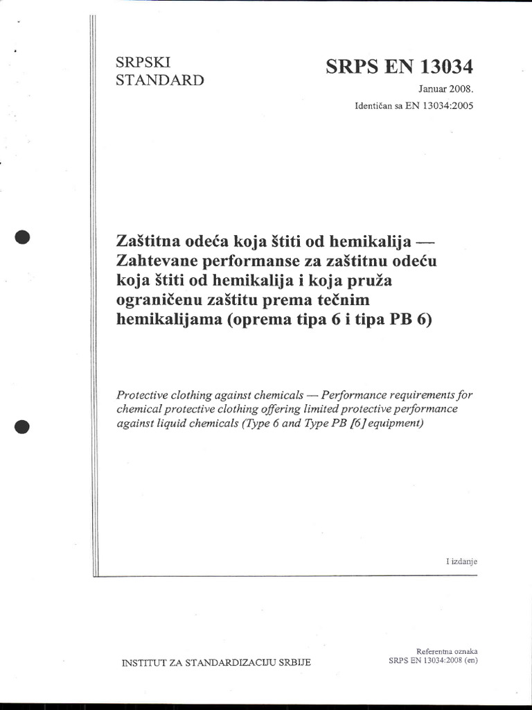 SRPS en 13034 2008-Zast Odeca Koja ST Od Hem-Zaht Perform Za Zast Odecu Koja ST Od Hem I Koja ...