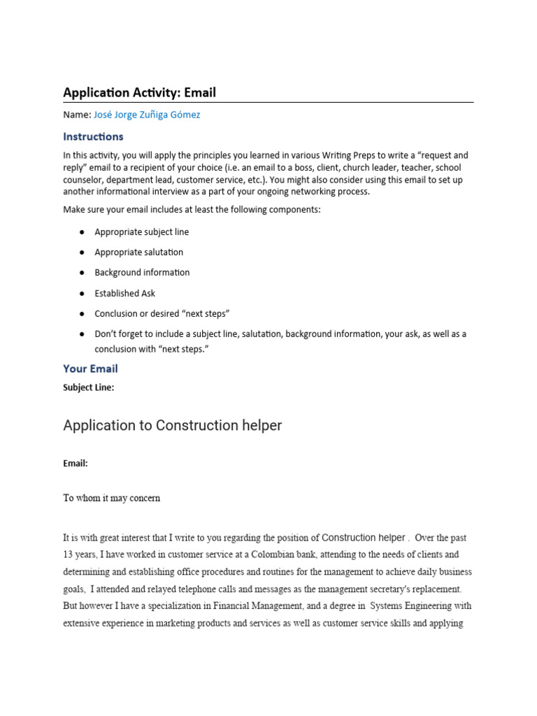 Email Application for Construction Helper | PDF | Career & Growth