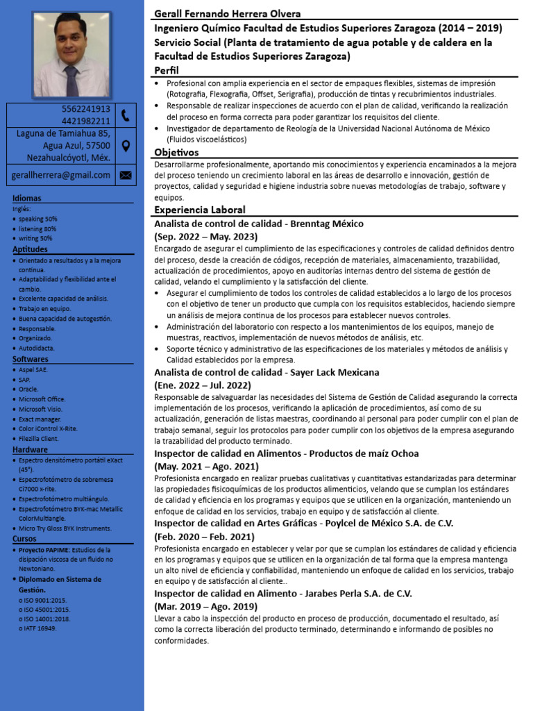 Curriculum Vitae Gerall Fernando Herrera Olvera (Corto) | PDF | Calidad (comercial) | Procesos ...