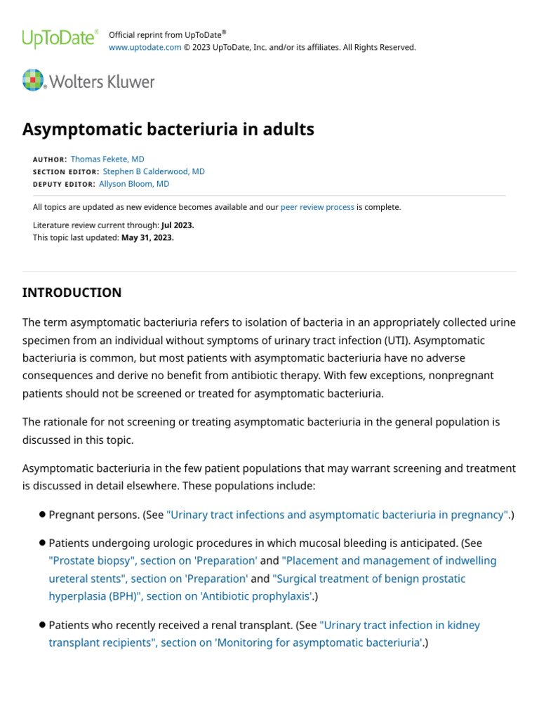 Asymptomatic Bacteriuria in Adults - UpToDate | PDF | Urinary Tract ...