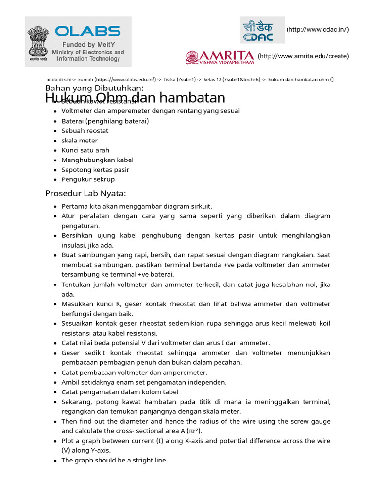 Ohm's Law and Resistance (Procedure) - Class 12 - Physics - Amrita ...