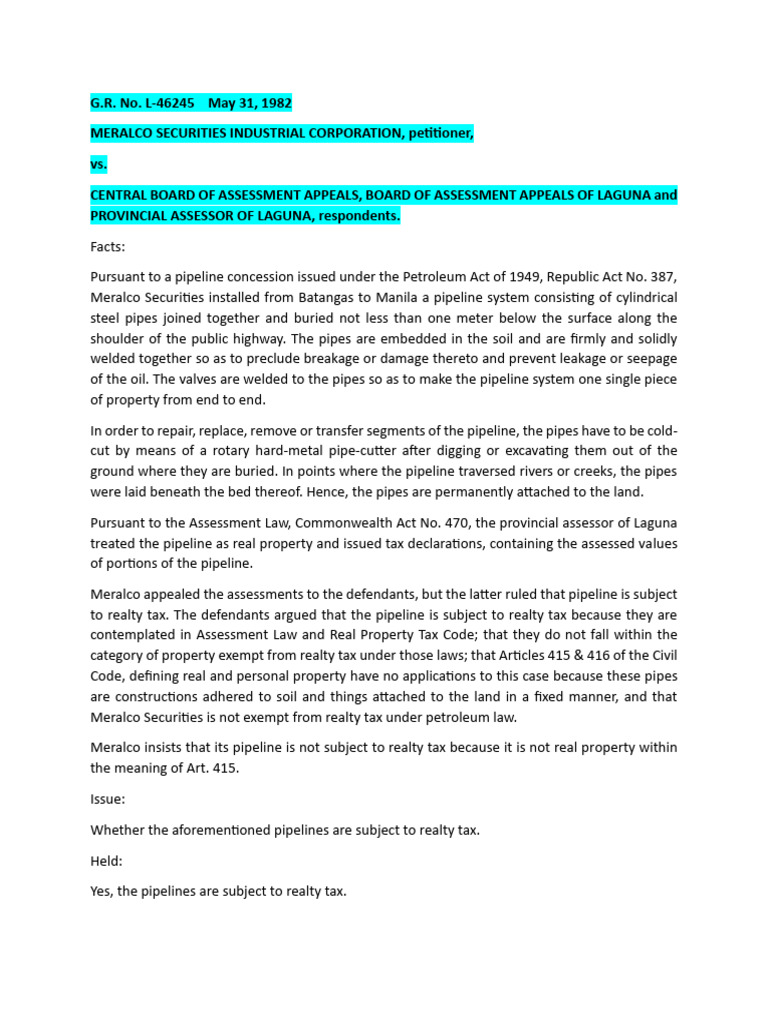 Meralco Securities v. Board of Assessment Appeals, 114 SCRA 273 | PDF ...