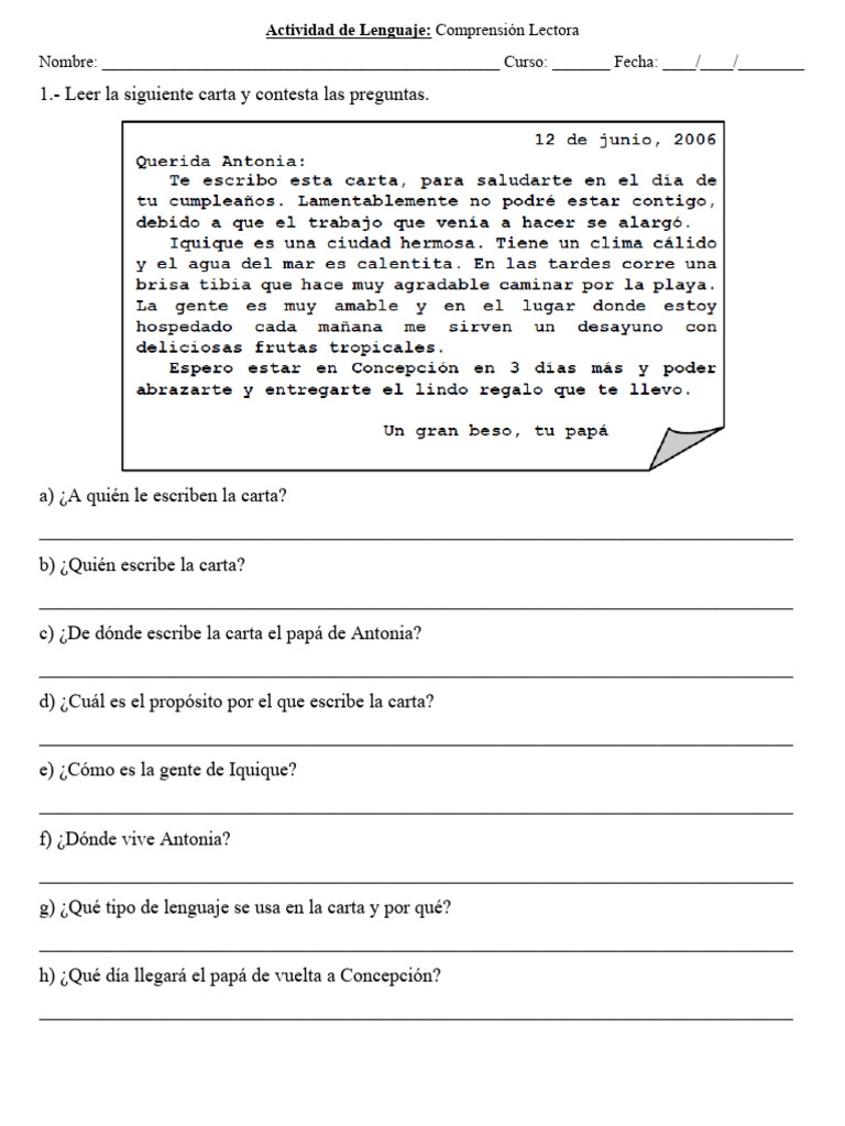 Guía de Lenguaje - Comprensión Lectora de Una Carta | PDF
