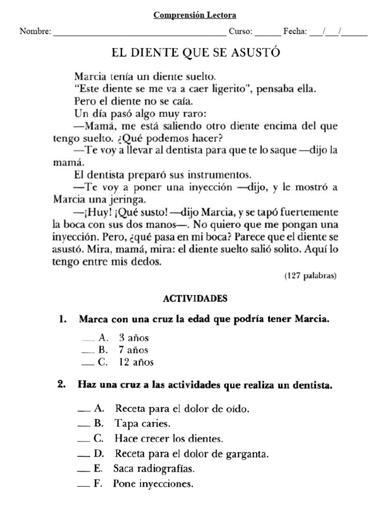 Comprensión Lectora - El Diente Que Asustó | PDF