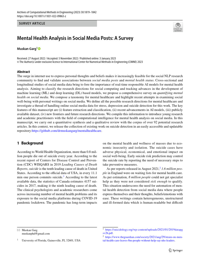 Mental Health Analysis in Social Media Posts: A Survey: Muskan Garg ...