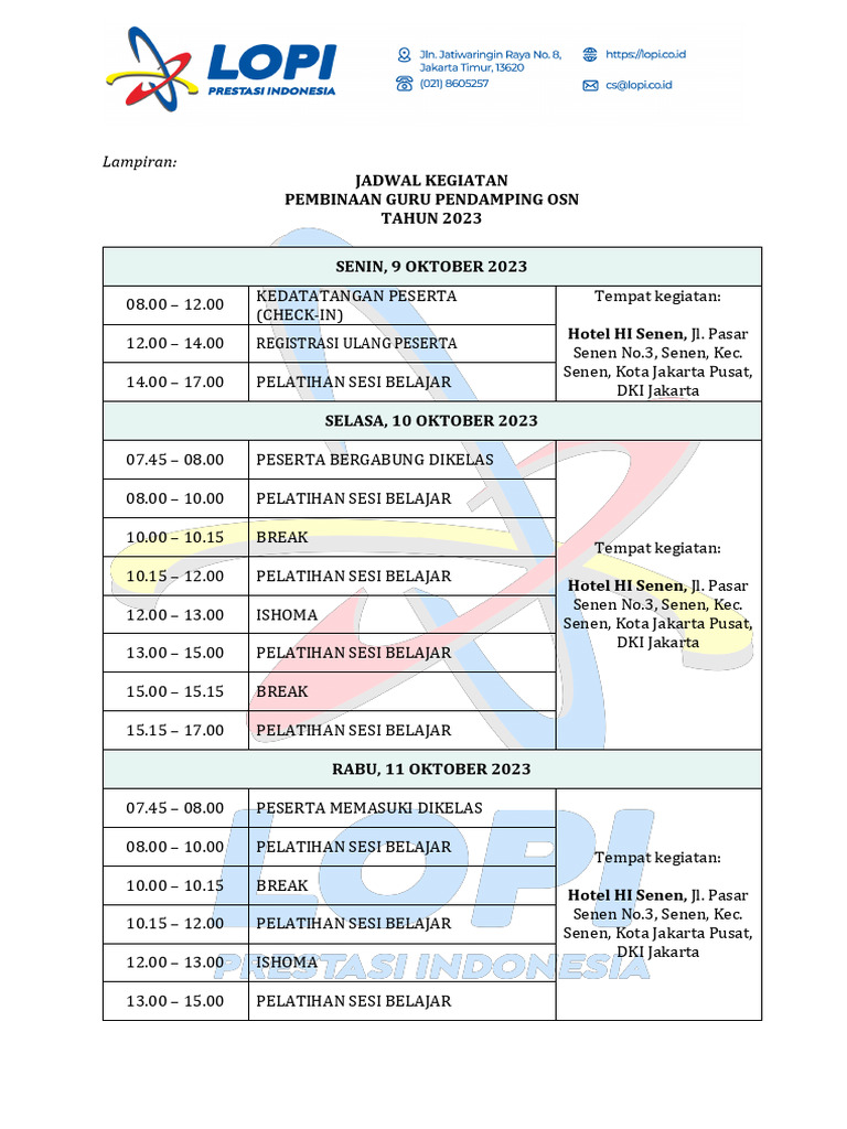 Jadwal Kegiatan Tot Guru | PDF