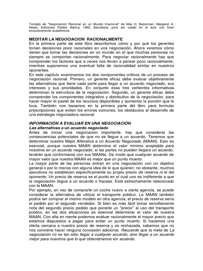 Lectura-Negociación Racional en Un Mundo Irracional. Bazerman | PDF ...