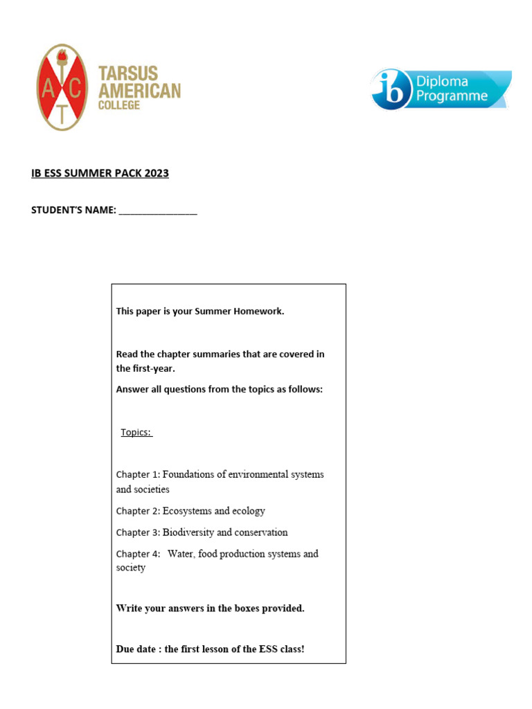 Ib Ess Summer Pack 2023: This Paper Is Your Summer Homework | PDF ...