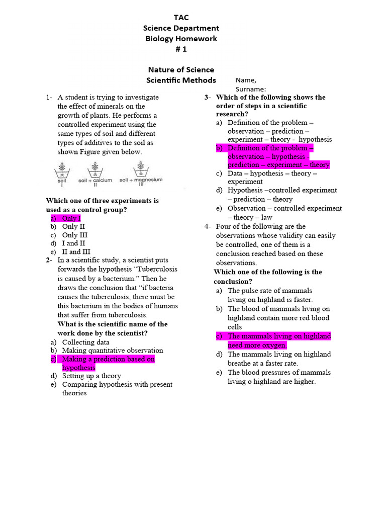 Scientific Methods Homework - Answer Key | PDF
