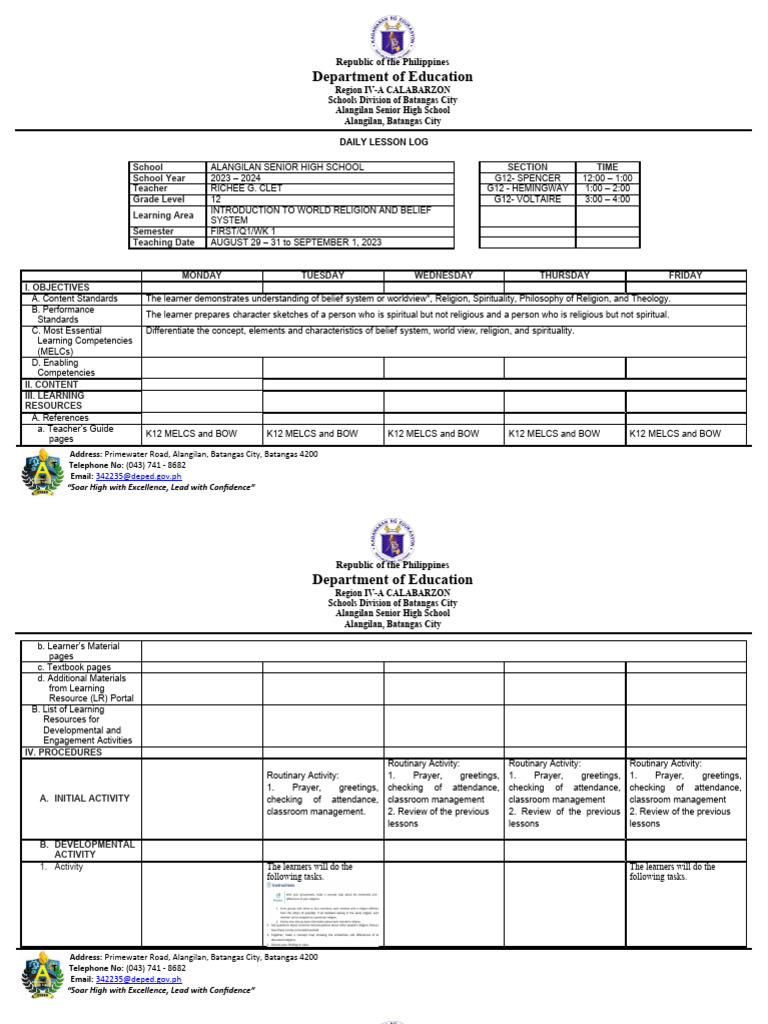 DLL World Religion 1Q Week1 | PDF